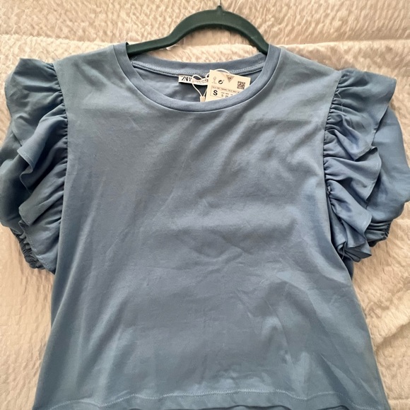 Zara | Tops | Zara Blue Ruffle Short Sleeve | Poshmark